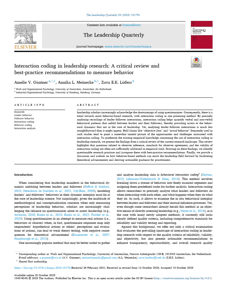 Interaction Coding in Leadership Research A Critical Review and Best-Practice Recommendations To ...