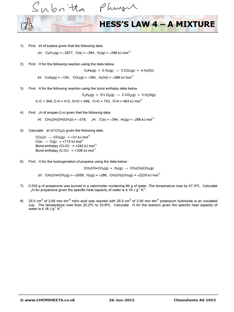 Chemsheets As 1053 Hesss Law 4 A Mixture | PDF | Propane | Chemical ...