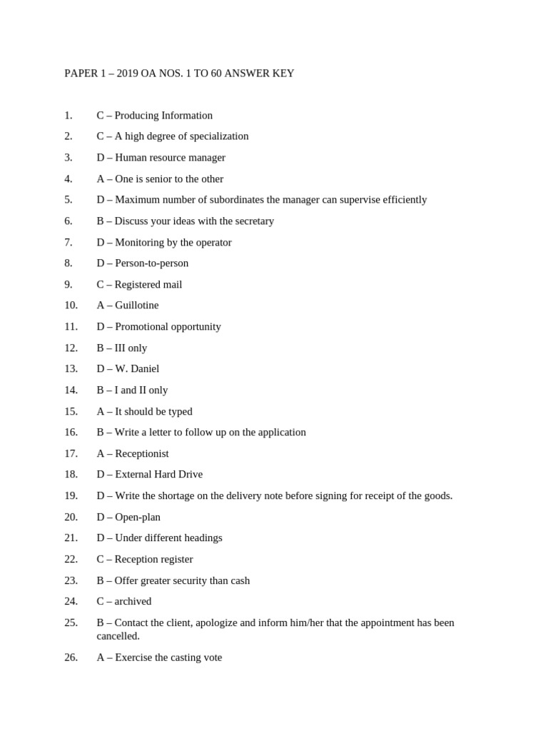 Paper 1 2019 Oa Nos. 1 To 60 Answer Key | PDF