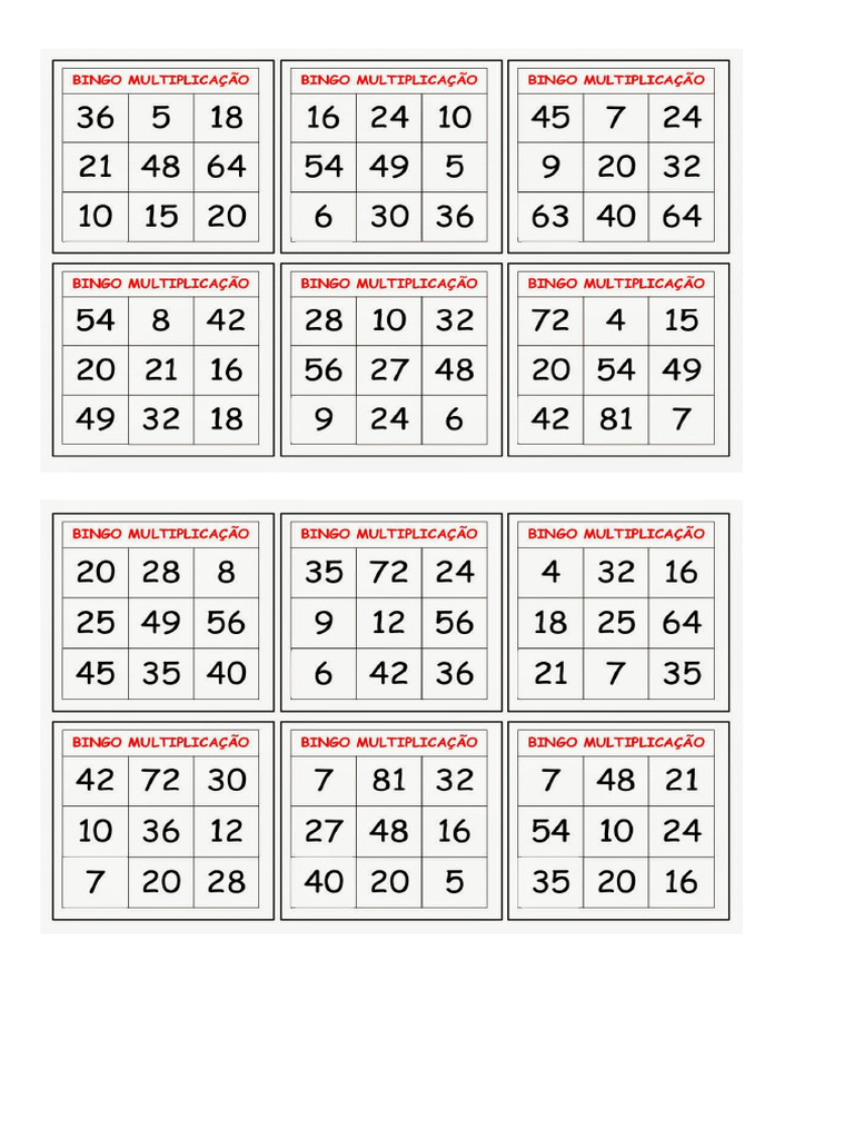 Cartelas de Bingo Todas As Tabuadas | PDF