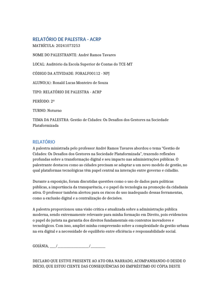 Relatorio de Palestra Ronald Lucas | PDF