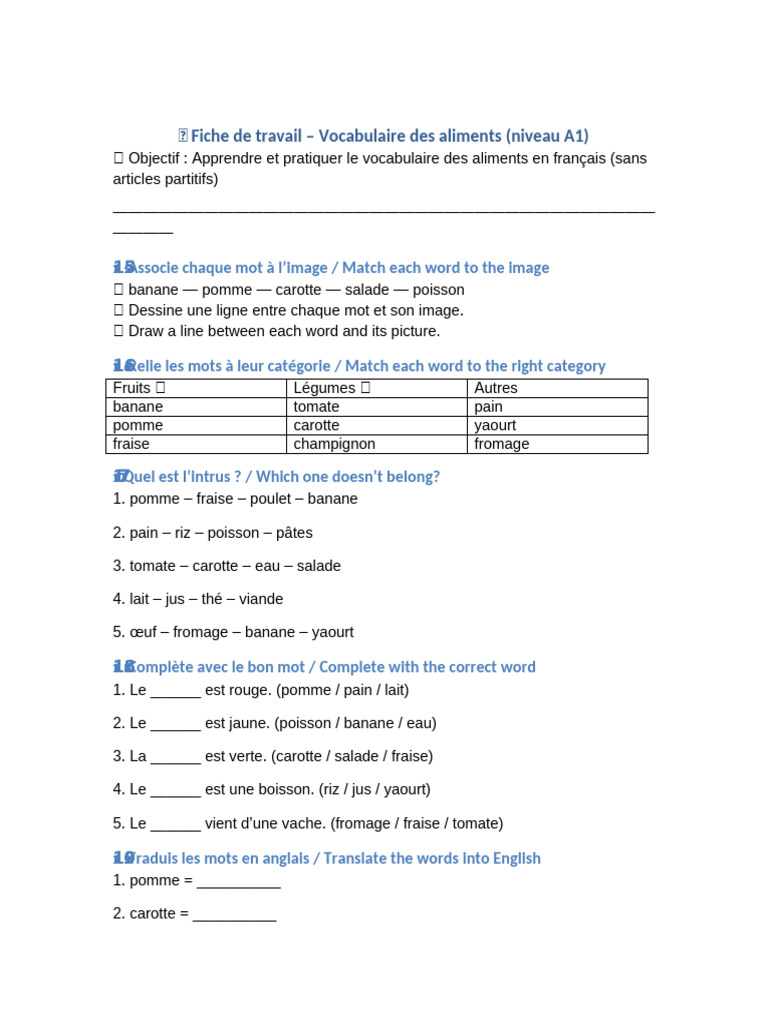 Vocabulaire des aliments A1 en français | PDF