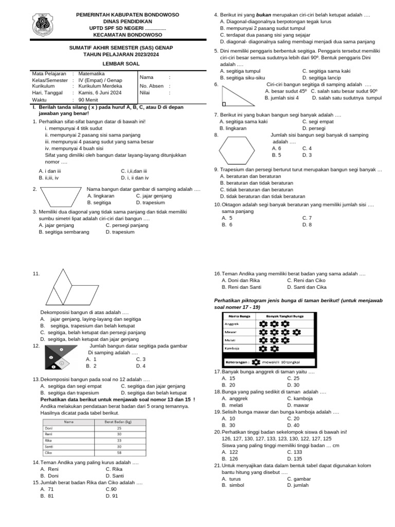 KUMER (2) SOAL SAS GENAP KELAS IV MATEMATIKA 2023-2024..ok | PDF