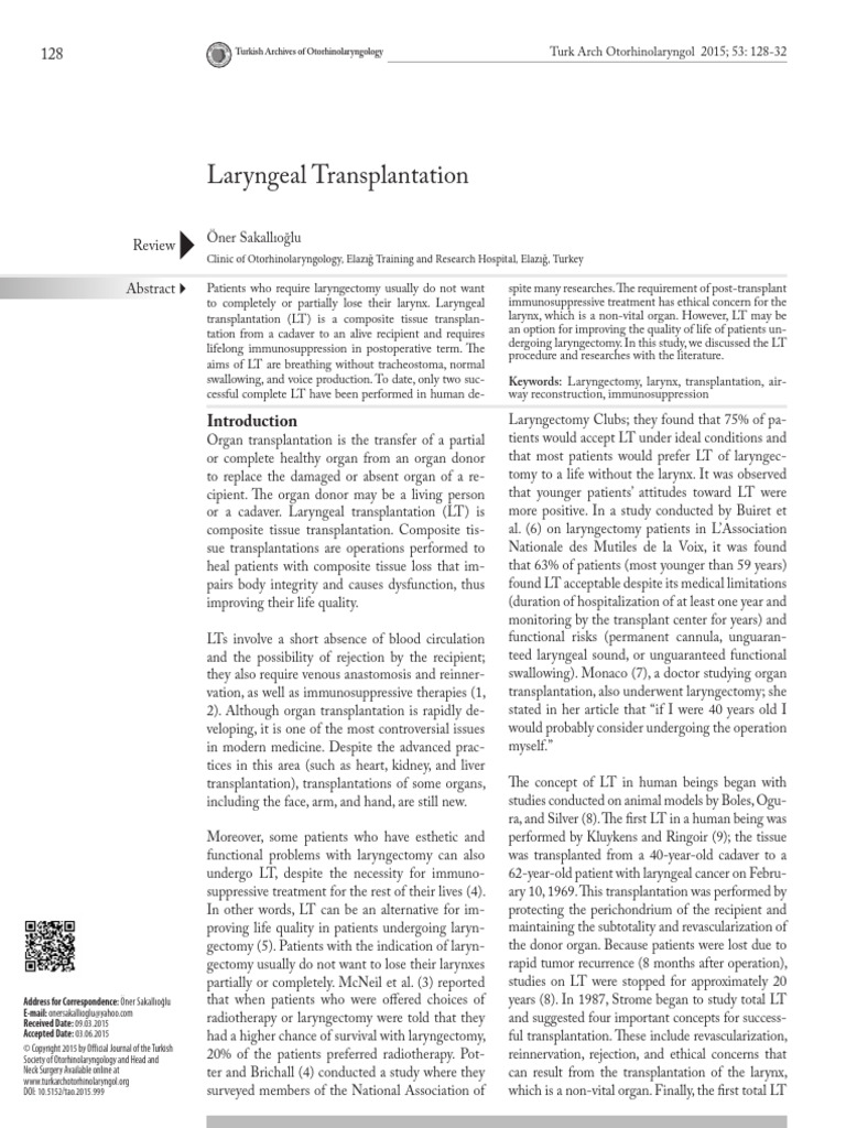 Laryngeal Transplantation | PDF | Larynx | Organ Transplantation