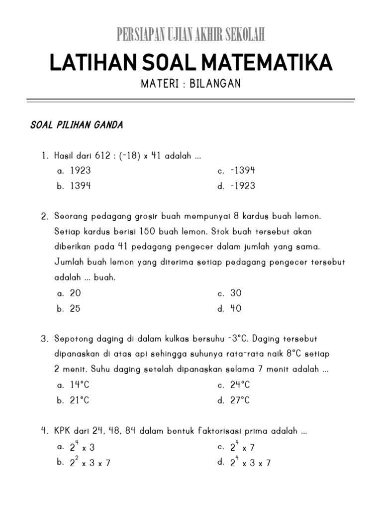 MATEMATIKA (BILANGAN) - SOAL LATIHAN - UJIAN AKHIR SEKOLAH KELAS VI SD | PDF