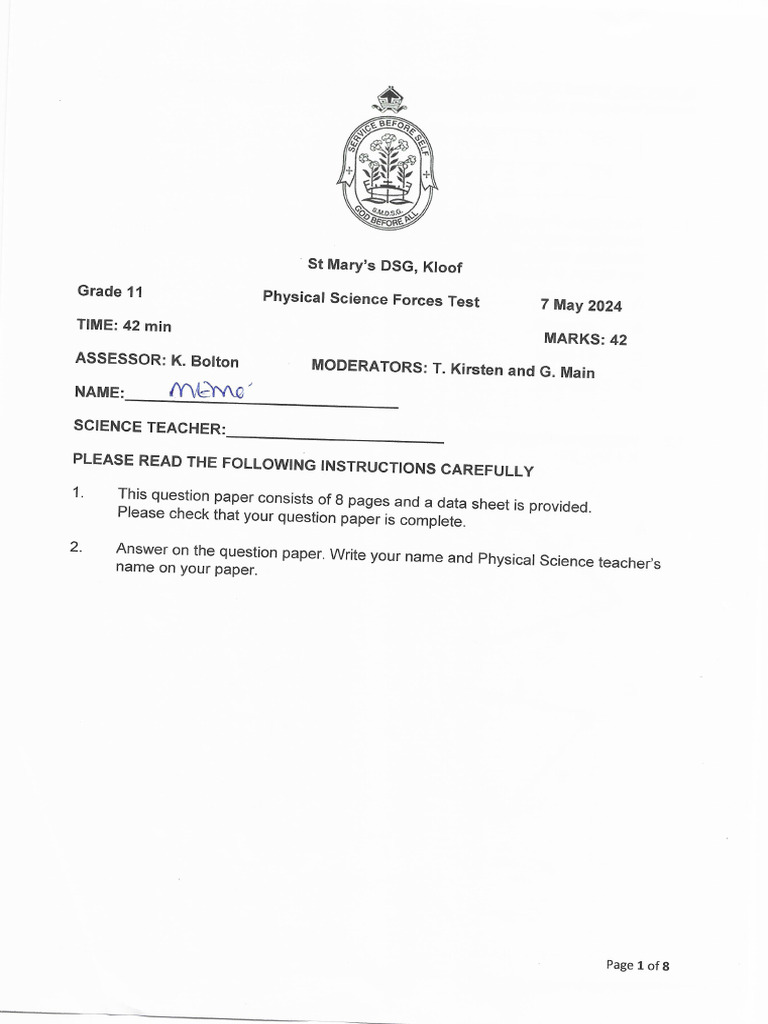 2024 Memo Grade 11 Test on Forces | PDF
