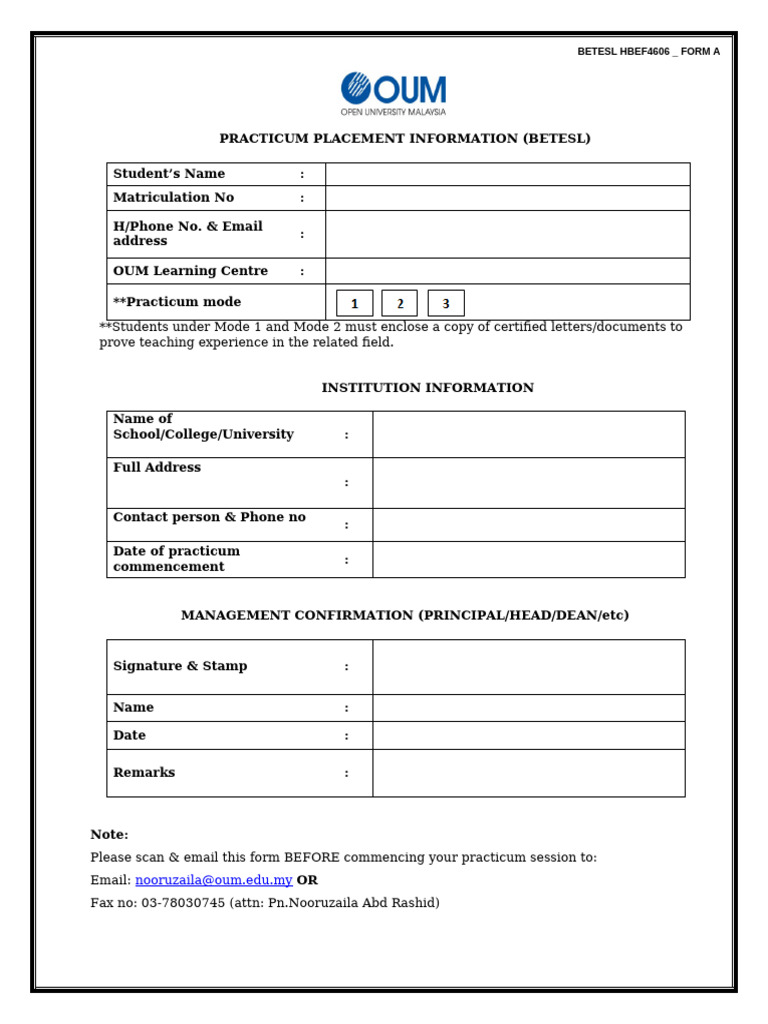 Form A - Practicum Placement Information | PDF