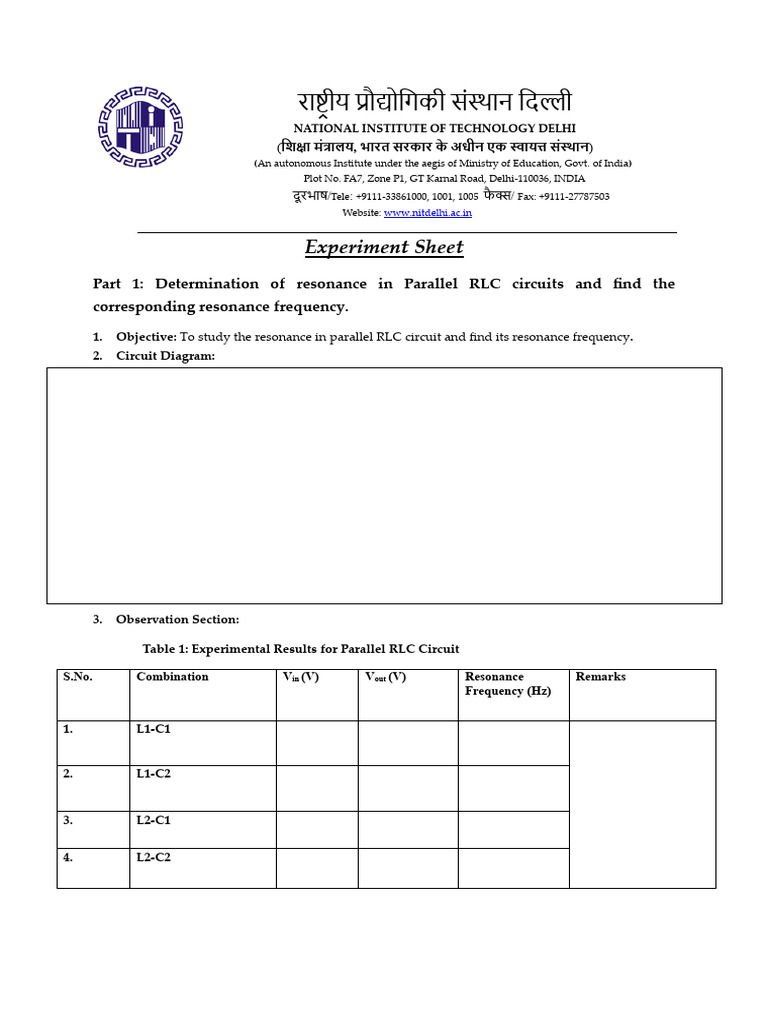 Experiment Sheet (RLC Parallel) | PDF | Resonance | Frequency