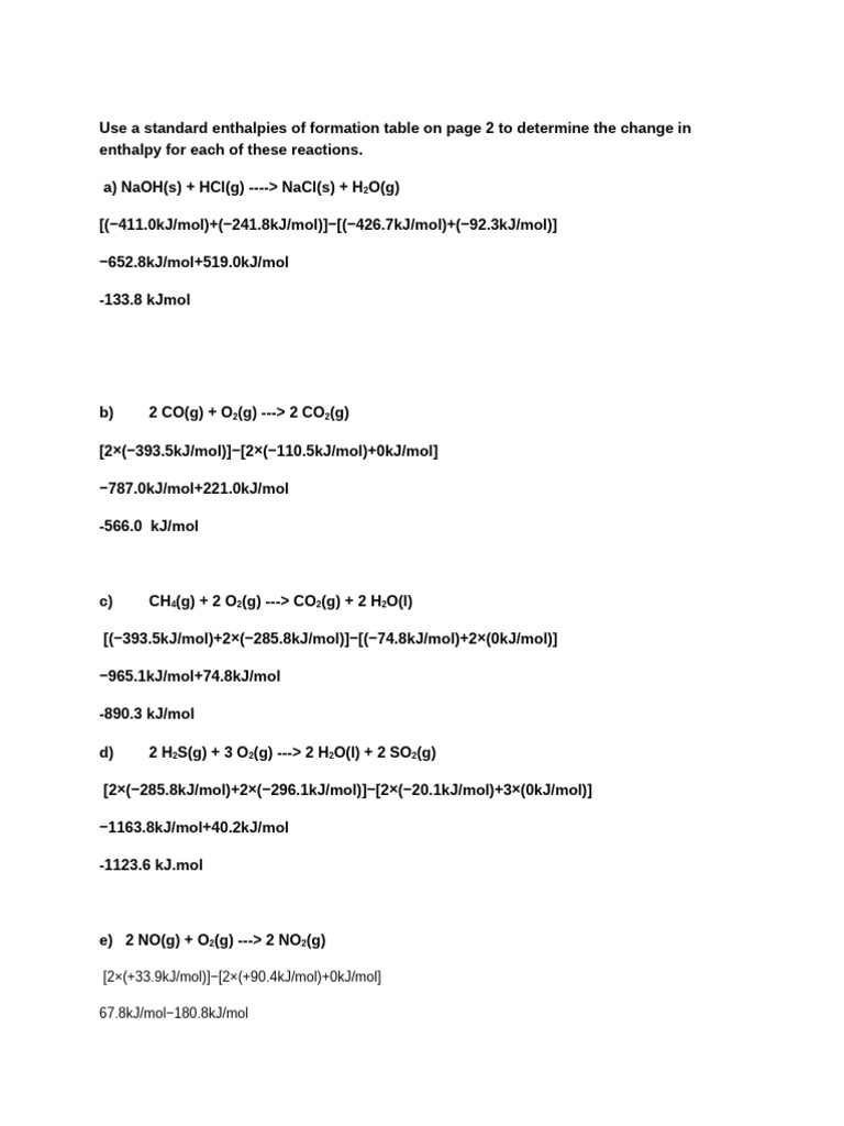 Standard Heats of Formation Practice | PDF