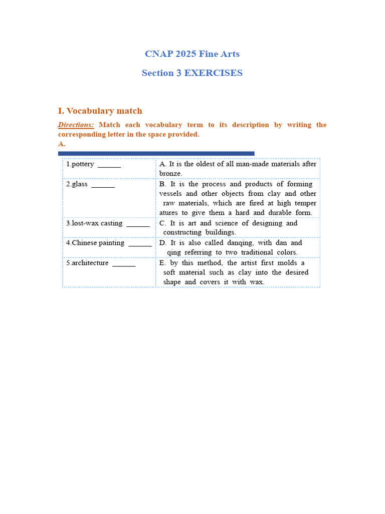 I. Vocabulary Matc H: CNAP 2025 Fine Arts Section Exercises | PDF