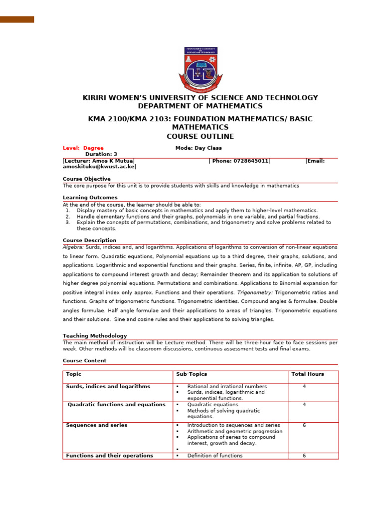 Kma 2100 Foundation Mathematics Course Outline | PDF | Trigonometry ...