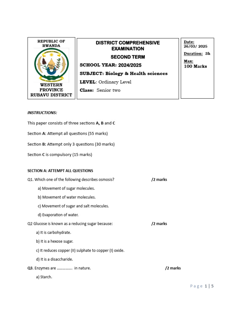 Biology S2 Exam Questions 2025 | PDF | Photosynthesis | Enzyme