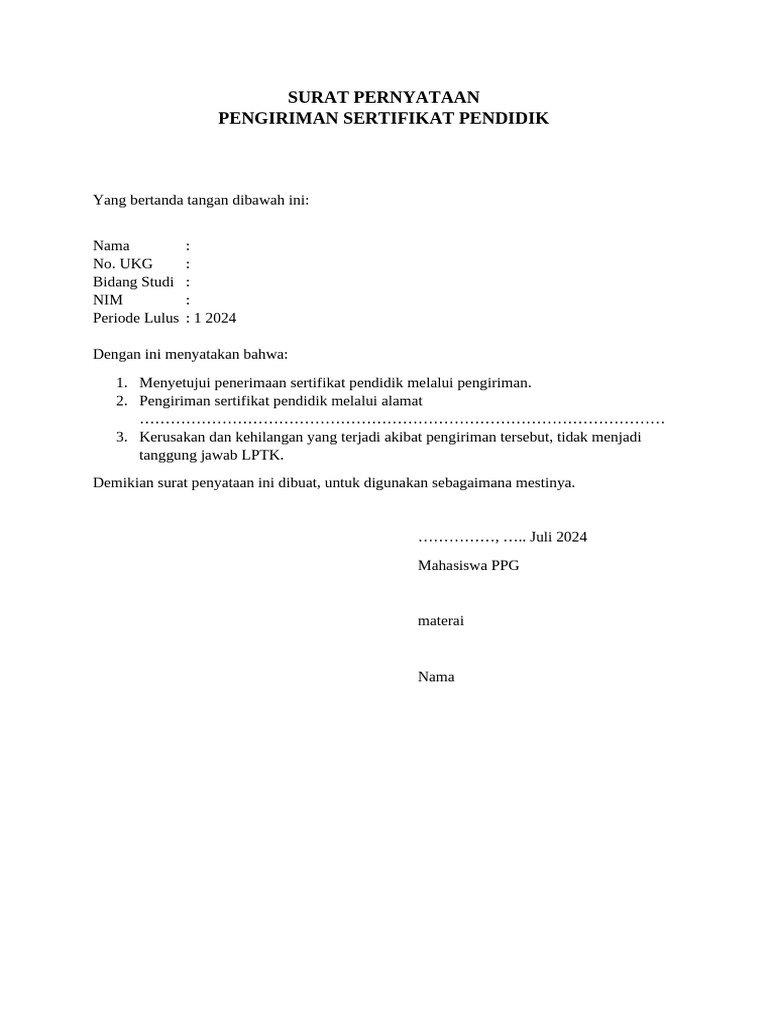 Surat Pernyataan Pengiriman Serdik PPG 2024 | PDF