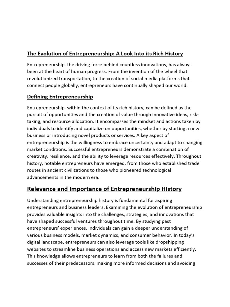 History of Entrepreneurship Evolution | PDF | Entrepreneurship | Social ...