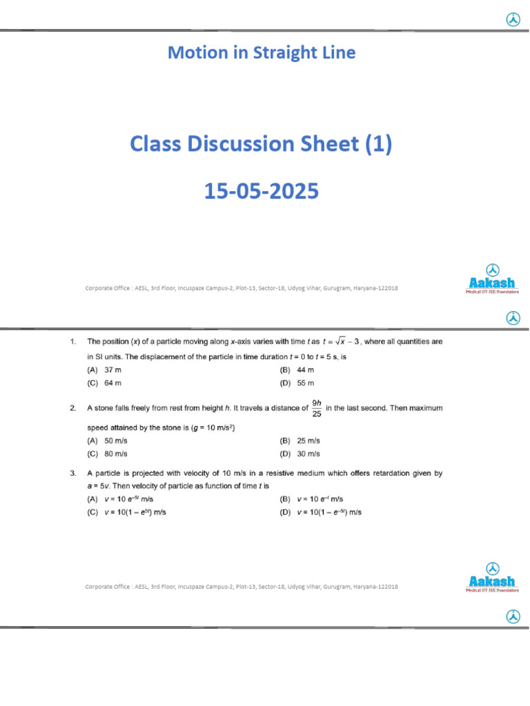 Motion in Straight Line (15-05-2025) Class Discussion Sheet | PDF