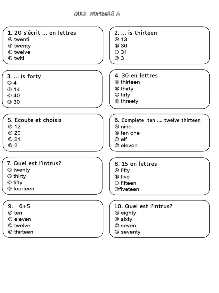 2024 Quiz Zipgrade 2 Colonnes Me Made NUMBERS | PDF