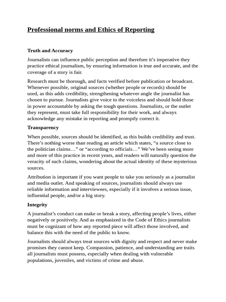 Norms and Ethics of Reporting | PDF | Journalism | Credibility