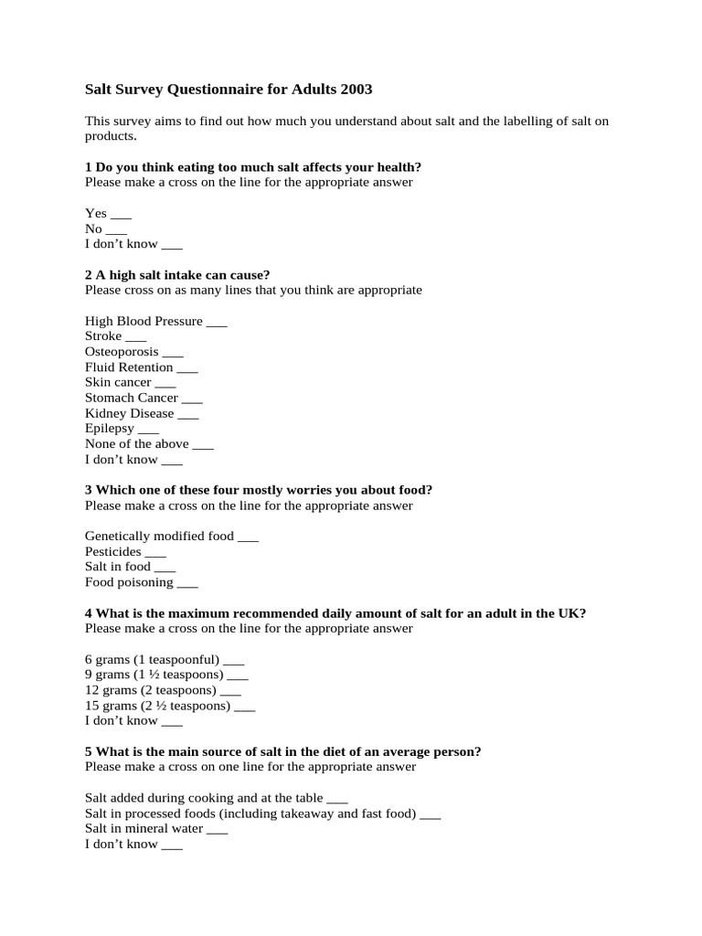 Salt Awareness Survey for Adults 2003 | PDF | Nutrition Facts Label | Salt