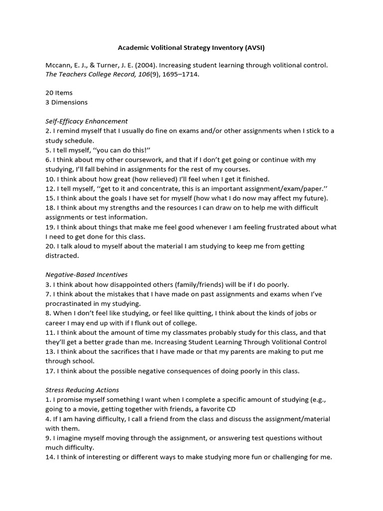 Academic Volitional Strategy Inventory (AVSI) | PDF | Behavior Modification | Psychology