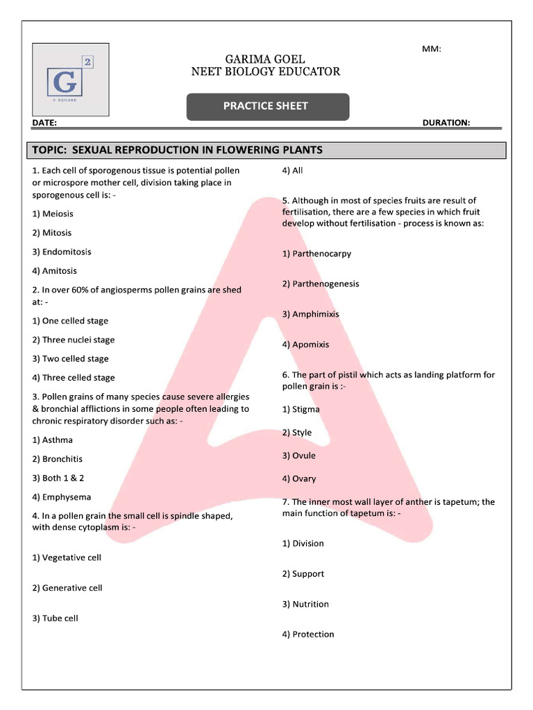 Sexual Reproduction in Flowering Plants MCQ 2 | PDF