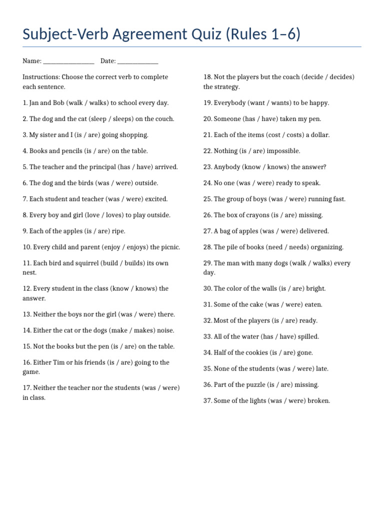 Subject Verb Agreement Quiz Rules 1 To 6 35 Items | PDF | Linguistics