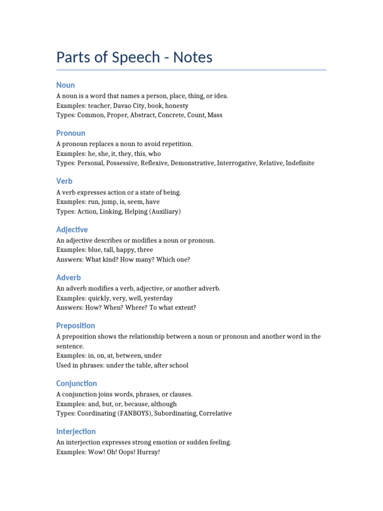 Parts of Speech Notes Secondary | PDF