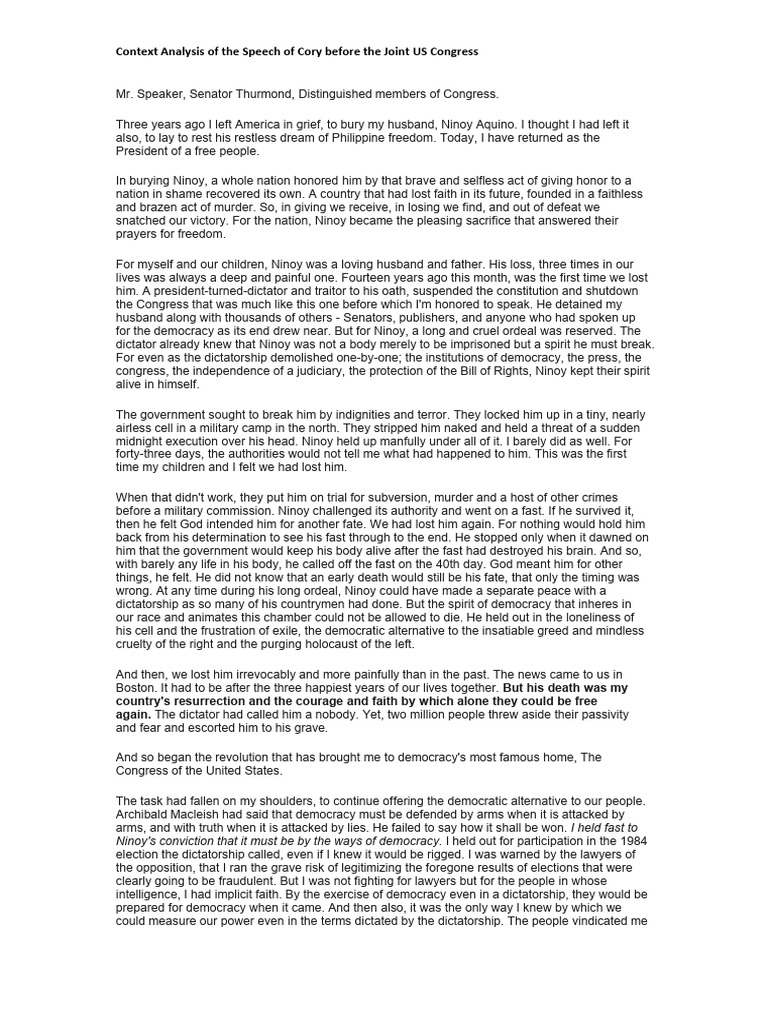 Cory Aquino's Speech Analysis to Congress | PDF | Corazon Aquino ...
