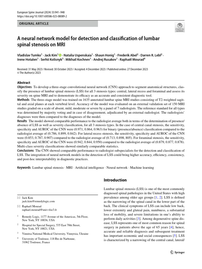 1.A Neural Network Model For Detection and Classification of Lumbar Spinal Stenosis On MRI | PDF ...