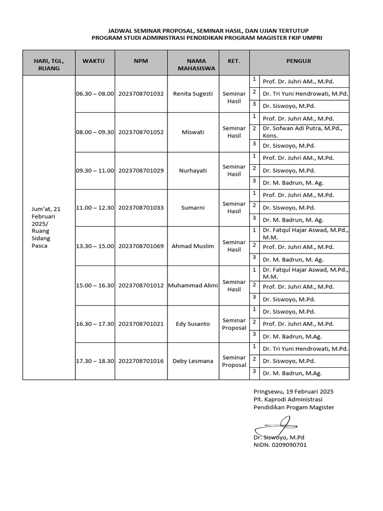 JADWAL SEMINAR 21feb 2025 | PDF