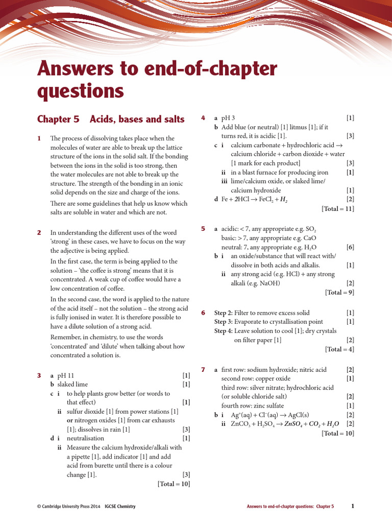 IGCSE Chemistry Chapter 5 Answers | PDF | Acid | Salt (Chemistry)