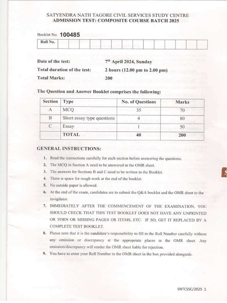 Admission Test Answer Key 2025 | PDF
