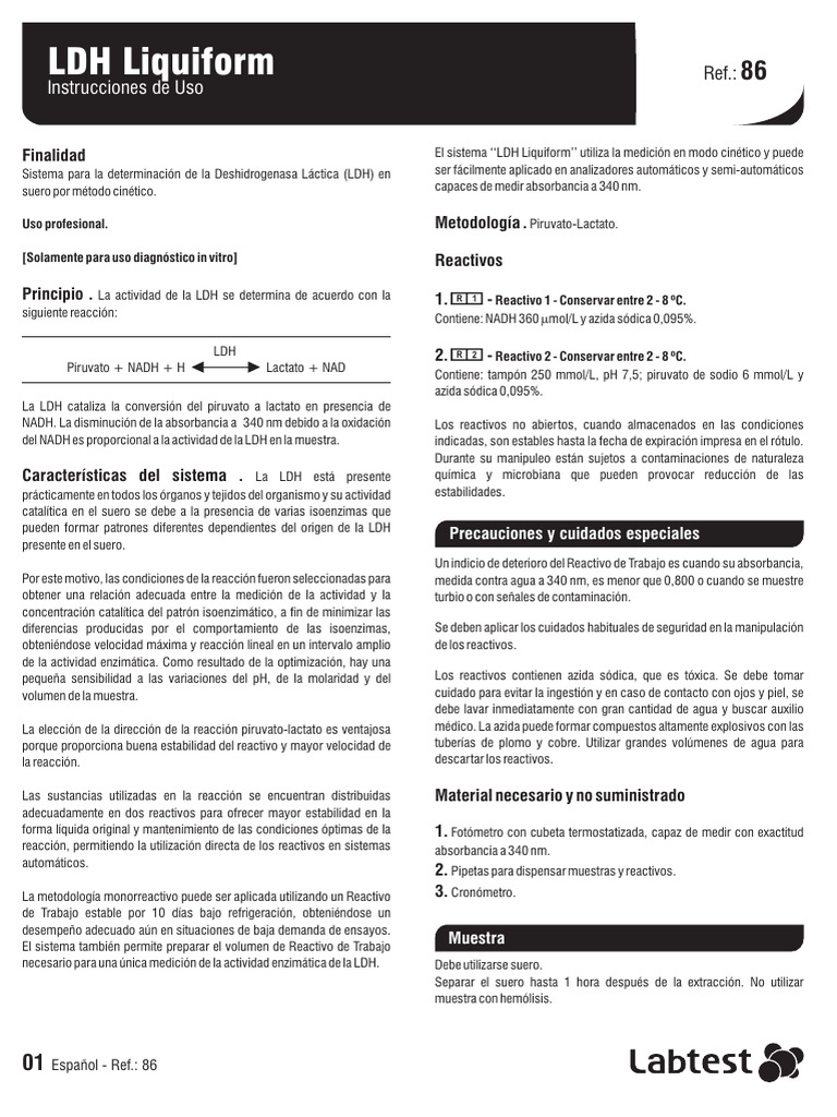 LDH Liquiform 86 Esp | PDF | Ácido láctico | Ensayo de enzimas