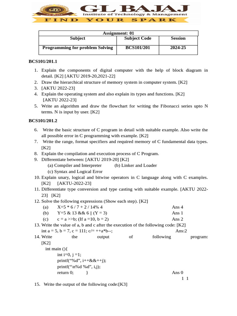 PPS Even Sem Assignment1 25 | PDF | Computer Program | Programming