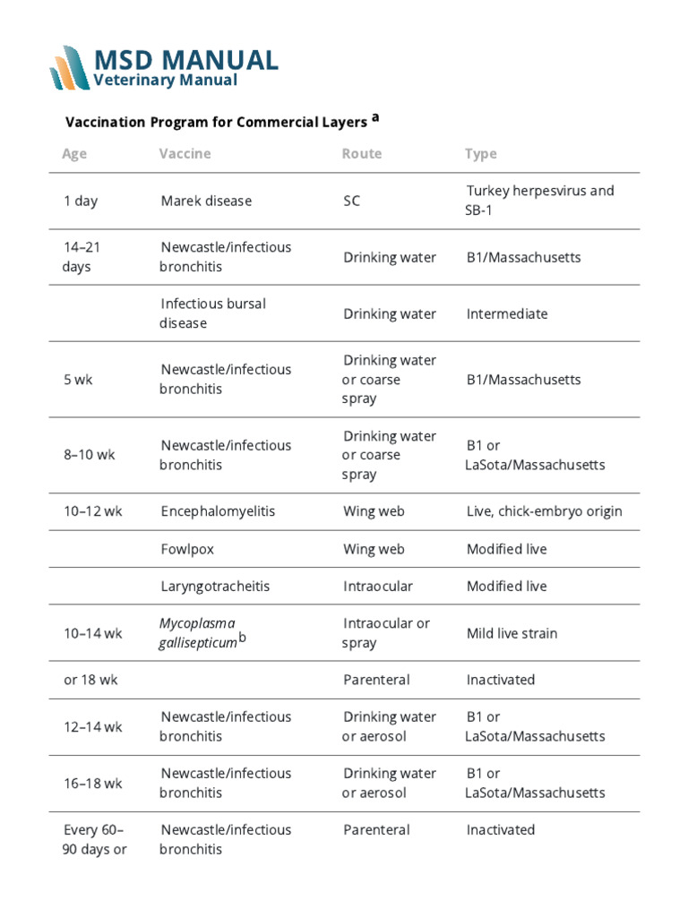 Vaccination Schedule for Commercial Layers | PDF | Vaccines | Human ...