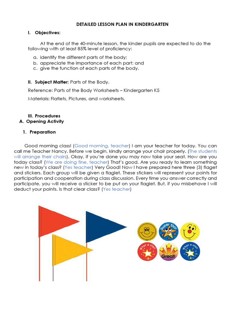 Kindergarten Body Parts Lesson Plan | PDF | Teachers | Learning