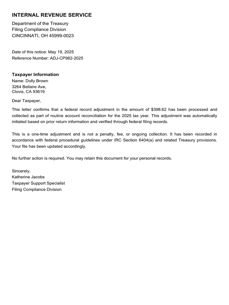 IRS Federal Record Adjustment Notice | PDF