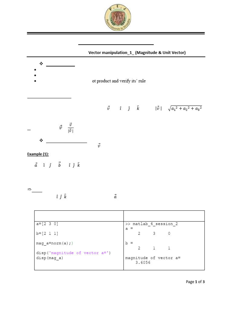 EBS102_Math 2_MATLAB 2_Session 10_Vector Manipulation 1_ Magnitude and Unit Vector_2024-2025 ...