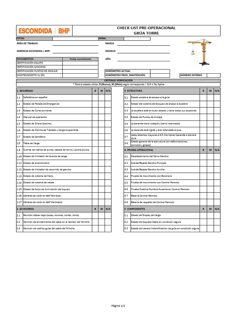 Checklist Pre-Operacional Grúa Torre | PDF