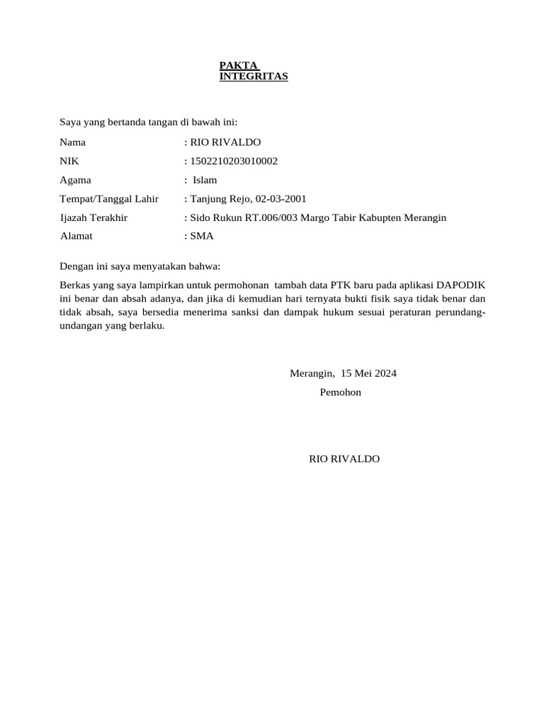 Format Pakta Integritas Rio Rivaldo | PDF