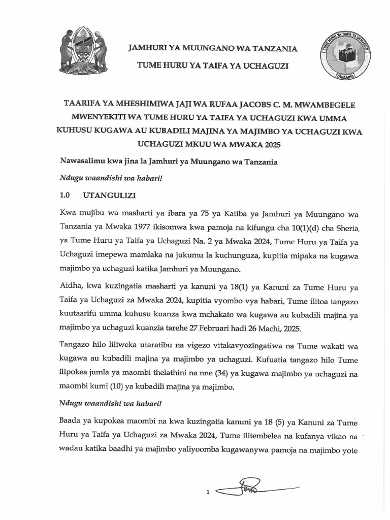 ORODHA YA MAJIMBO MAPYA NA YALIYOBADILISHWA MAJINA | PDF