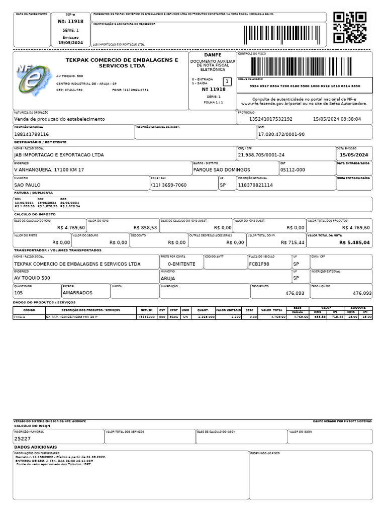 Nota Fiscal 11918 0523105159 | PDF | Recibo | Business