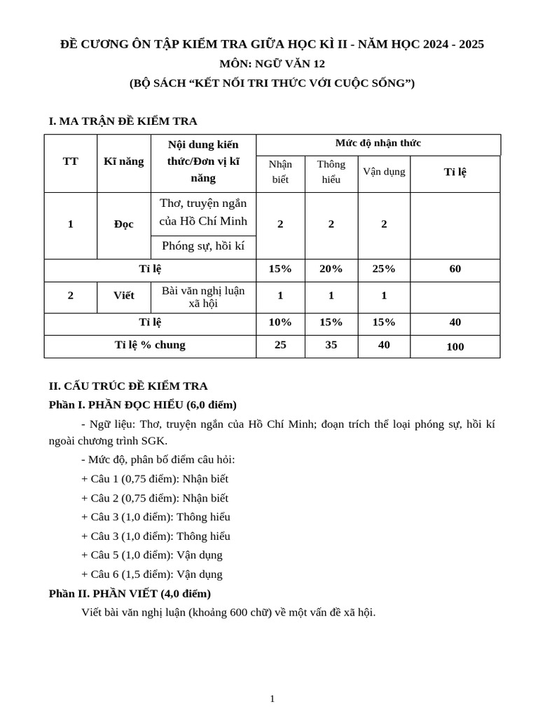 De Cuong Kiem Tra Giua Ki II - 12 2024 2025 | PDF
