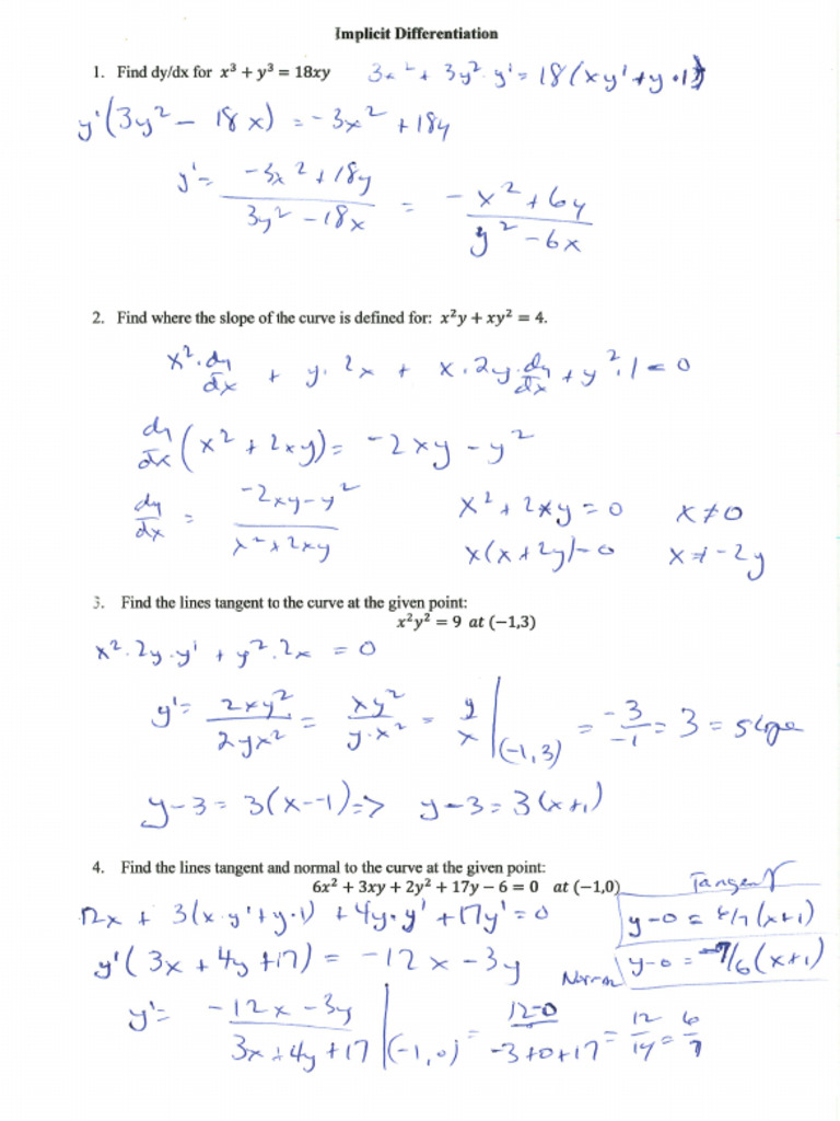Implicit Differentiation SOLUTIONS | PDF