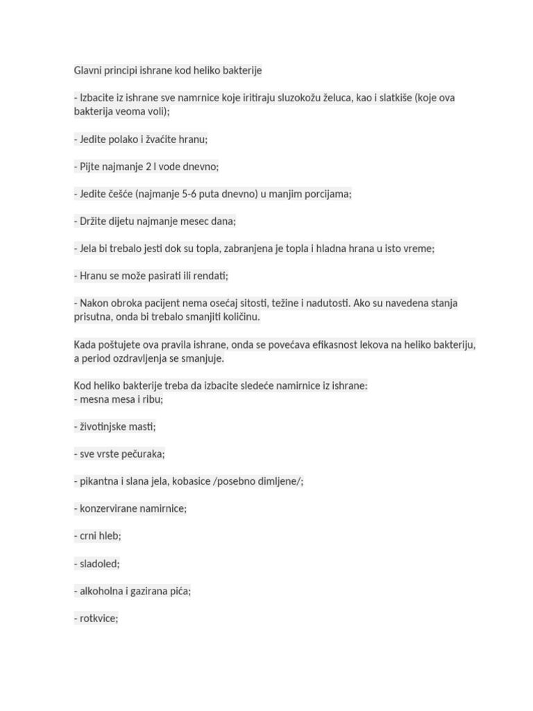 Glavni Principi Ishrane Kod Heliko Bakterije | PDF