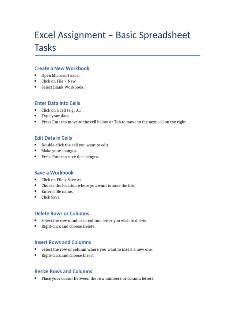 Excel Assignment Basic Spreadsheet Tasks | PDF