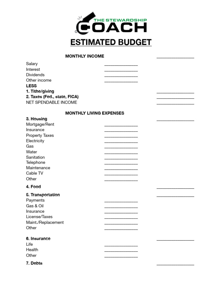 The Stewardship Coach Budget Resource Pack | PDF | Debt | Expense
