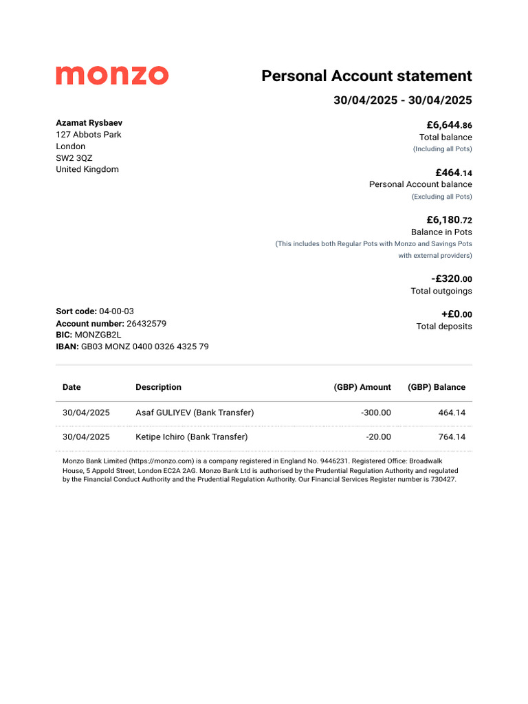 Monzo - Bank - Statement - 2025 04 30 2025 04 30 - 7684 | PDF ...