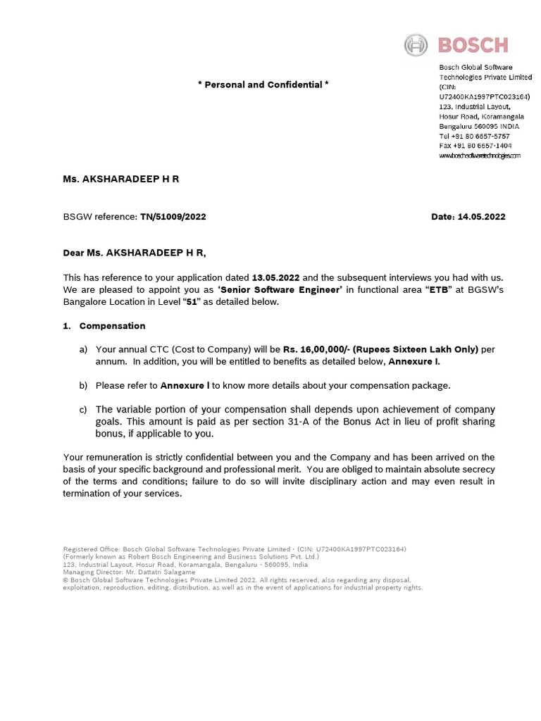 Senior Software Engineer Offer Letter | PDF | Employment | Salary