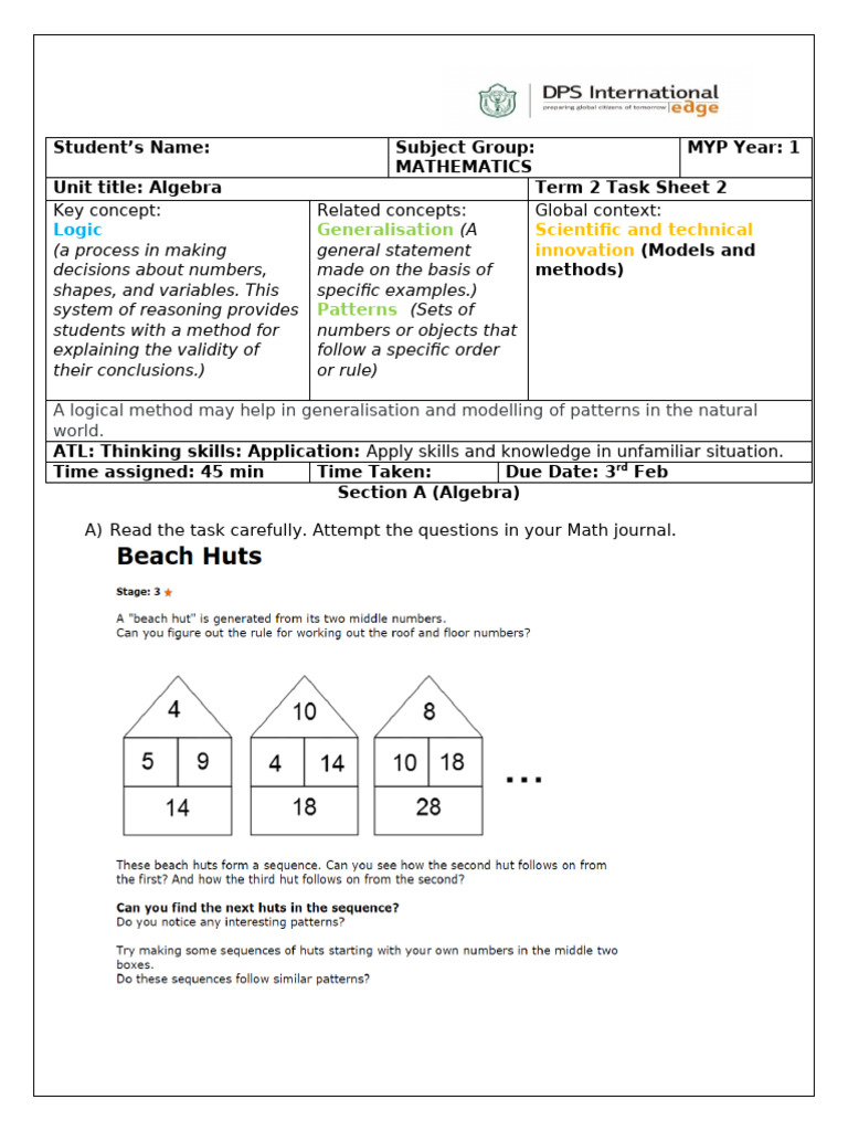 MYP 1 Term 2 Tasksheet 2 | PDF | Mathematics | Algebra