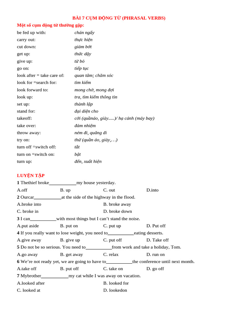 Bài 7 C M Đ NG T (Phrasal Verbs) | PDF